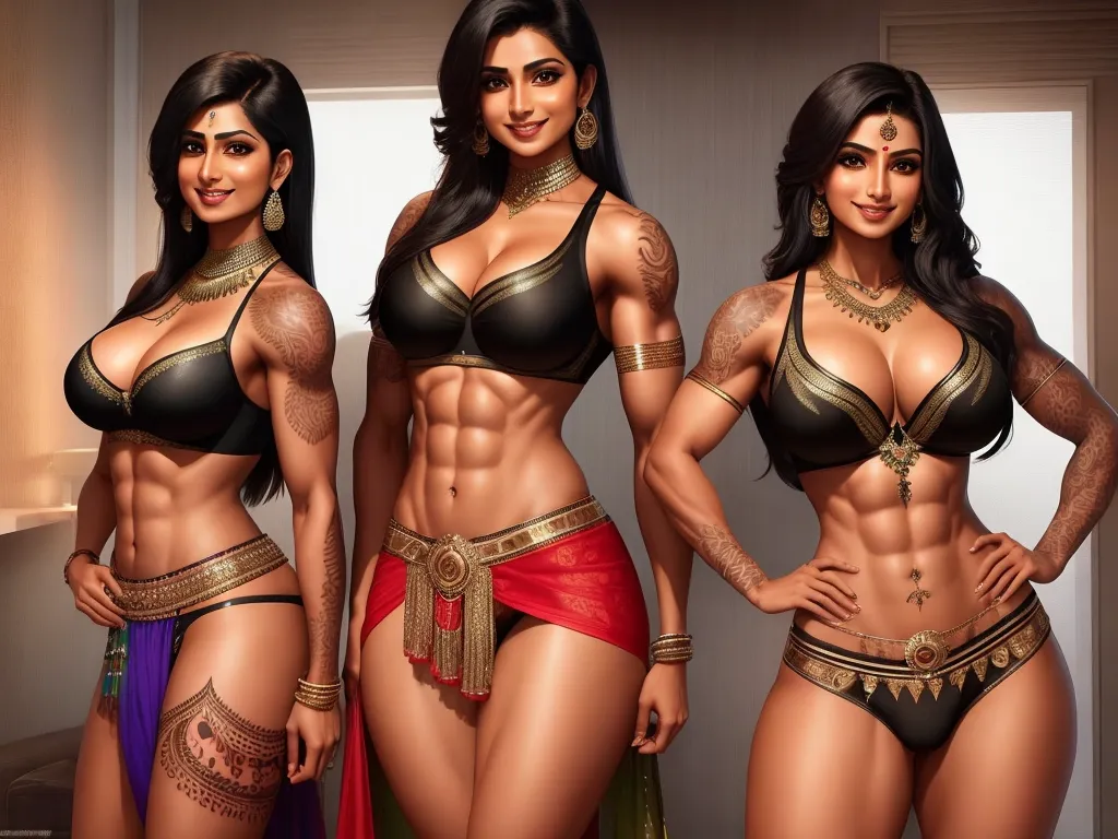 hires wallpaper: 2 indian women, tall, muscular, well defined abs,