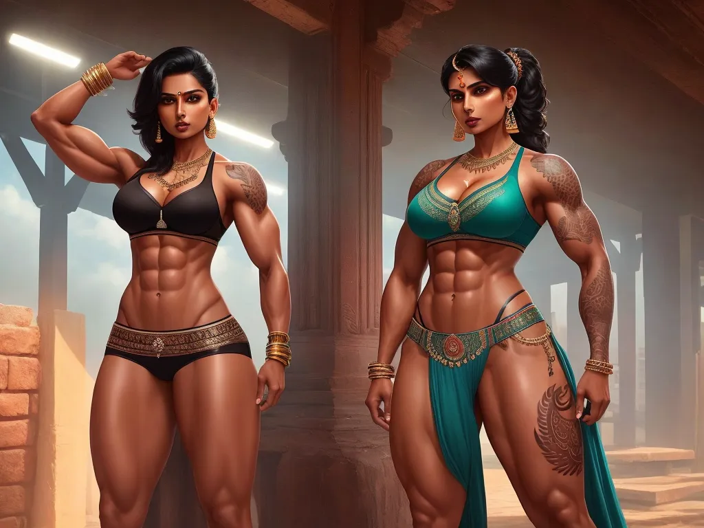 convert pictures: 2 indian women, tall, muscular, well defined abs,