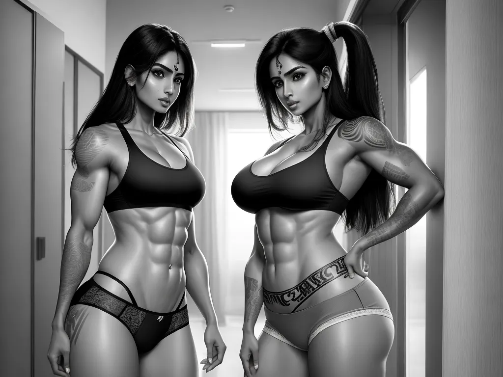 pixel image converter: 2 indian women, tall, muscular, well defined abs,