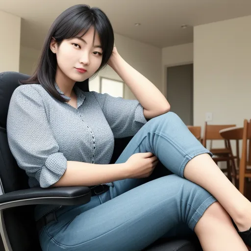 ai image modifier: a woman in a mom is sitting on chair and wide her