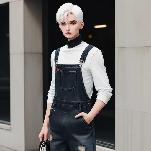 best ai photo: Femman in black denim overalls with short white
