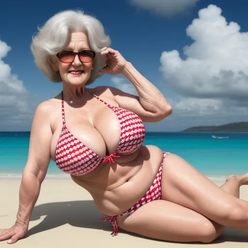 best ai photo: gilf, huge granny, bikini, backwards