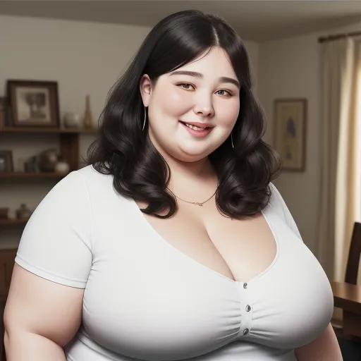 hd photo online: fat woman bigdeep cleavage in home smile looking