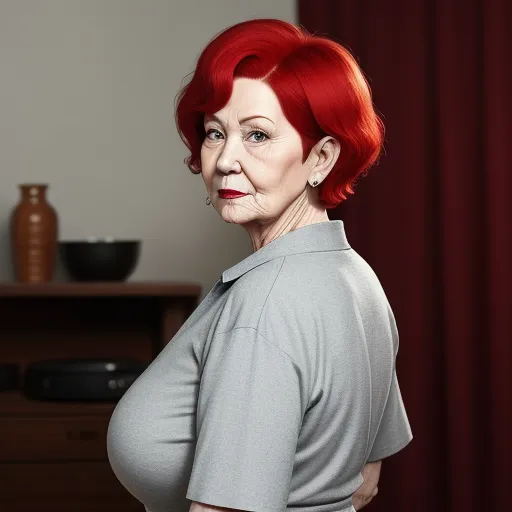 Low Quality Image Granny Short Hair Red Showing Her Big Booty Fat