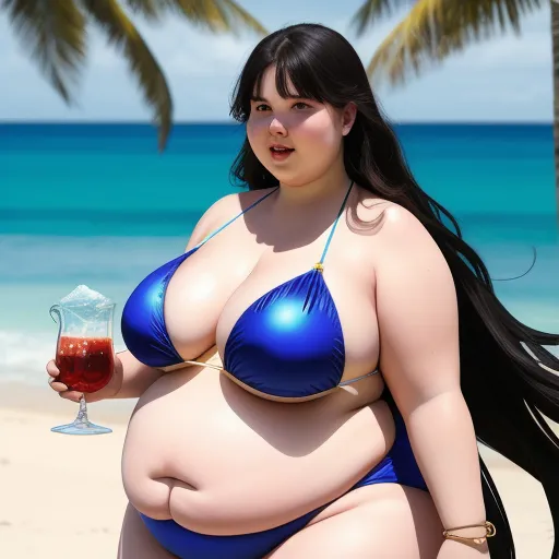 make photo higher quality: A fat woman in shiny bikini holding big cup