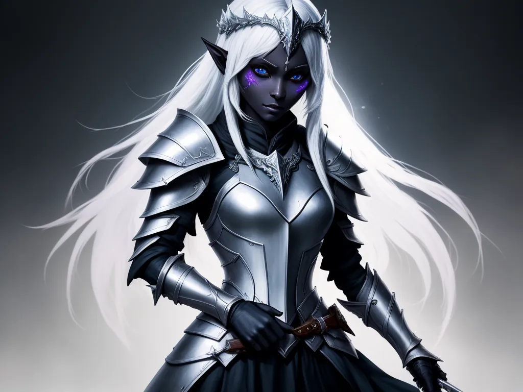 high quality images: one female drow, full plate armor, white tabard,