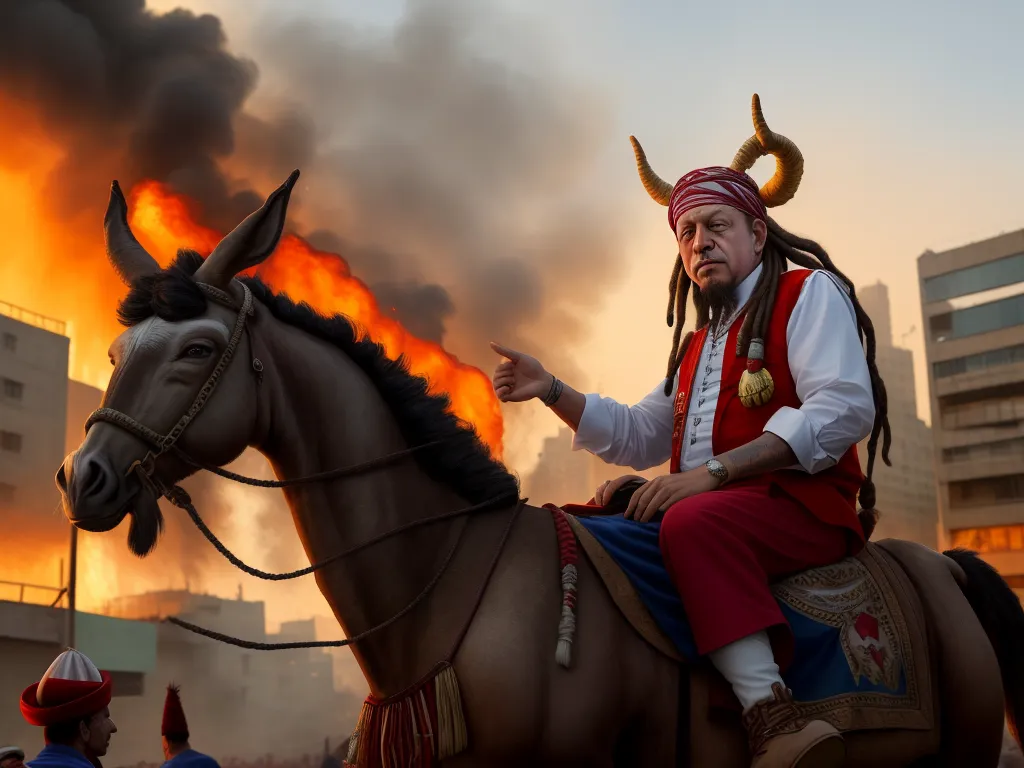 pixel image converter: Recep Tayyip Erdoğan sits on a donkey with horns