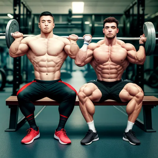 convert image: two men with muscular bodies sitting on a bench