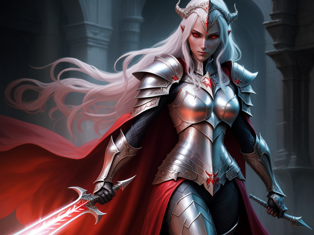 Ai image modifier: 1 female drow knight in silver draconic armor,