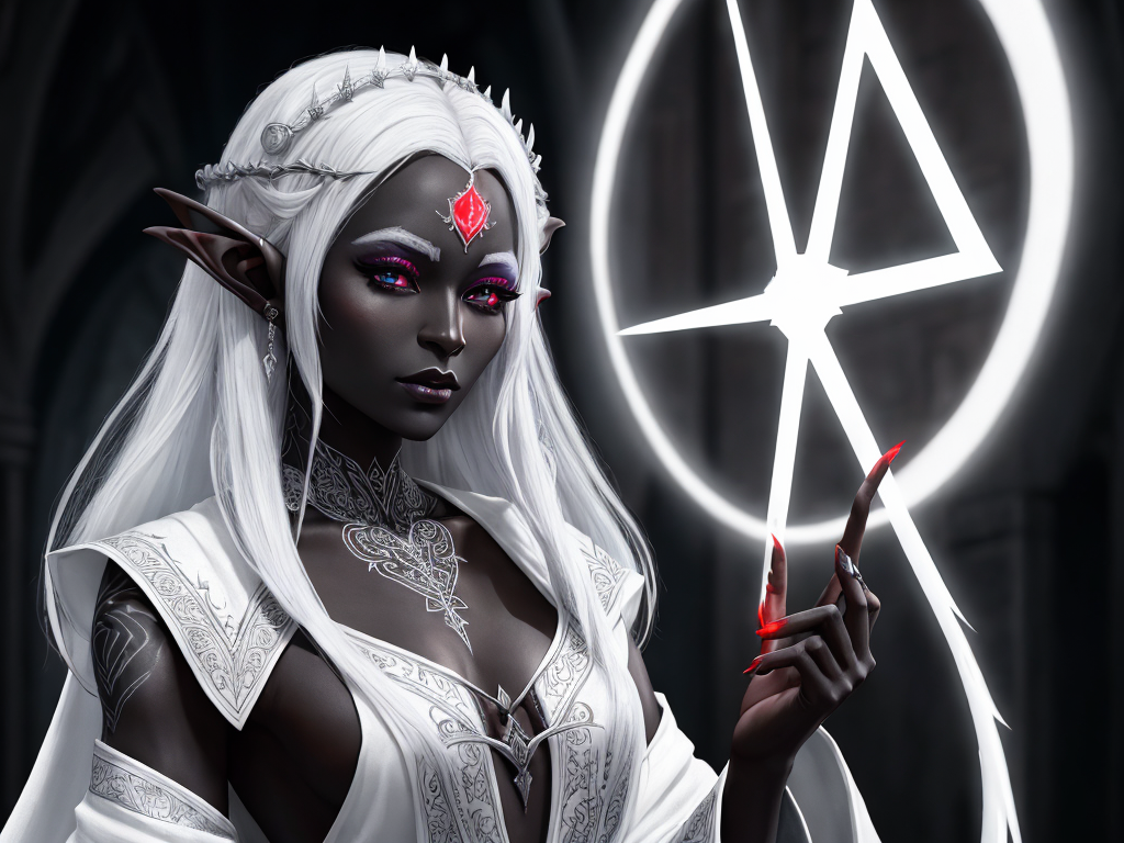 high res images: one beautiful female drow elf, black skin, white