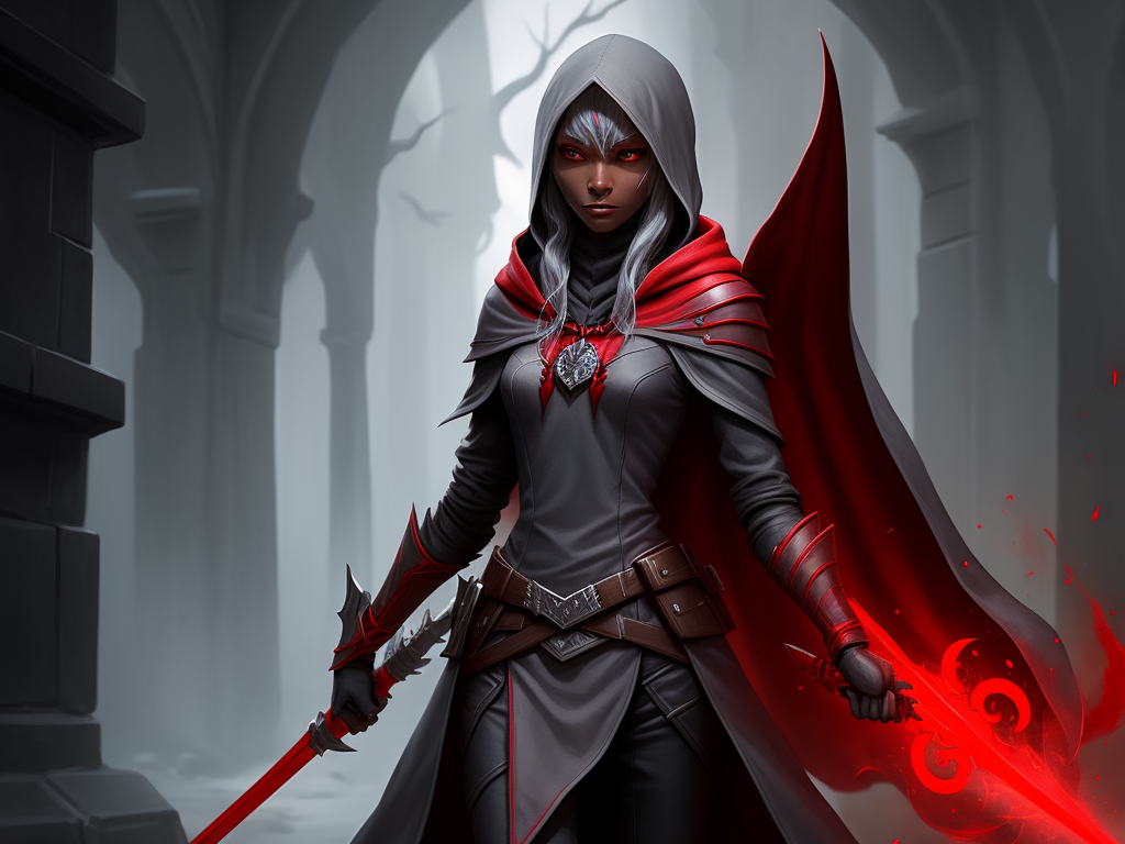 high-resolution image: 1 solo female drow elf, gray clothes, red cloak